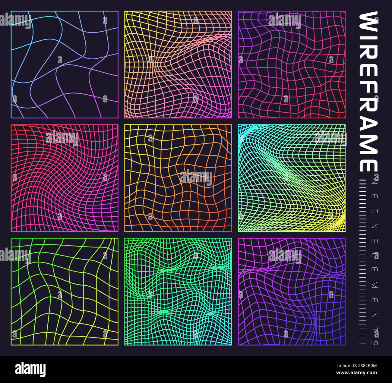 Colorful wireframe shapes, lined perspective mesh, 3d grid. Low poly ...