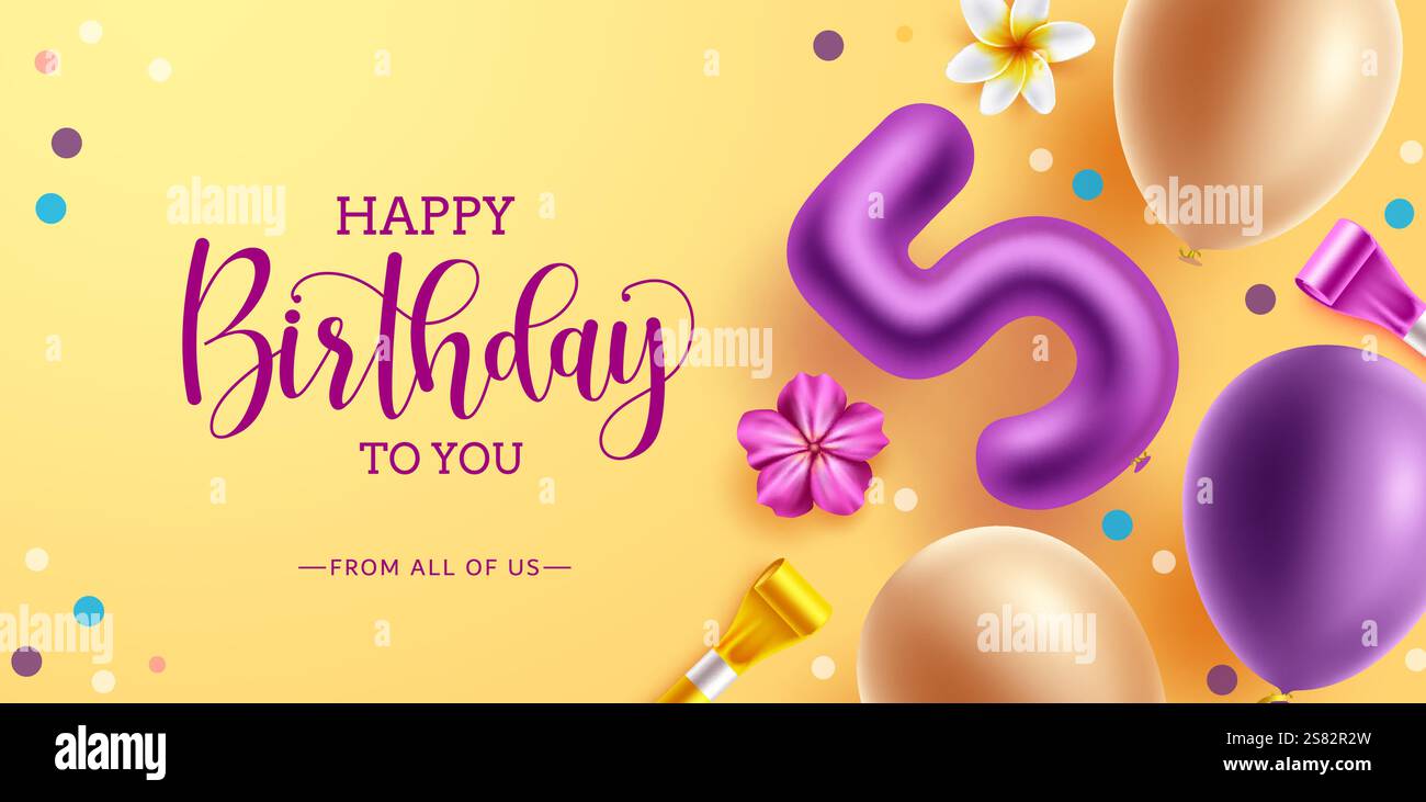 Birthday greeting vector background design. Happy birthday text with balloons, flower and horn ...