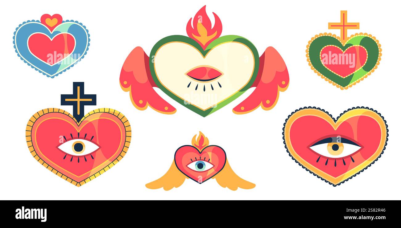 Mexican sacred hearts collection with eyes, crosses and flames on top ...