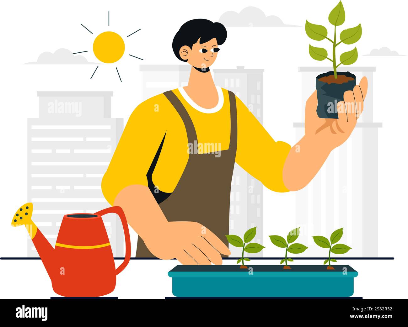 Urban Gardening Illustration Featuring People Planting Sprouts in ...