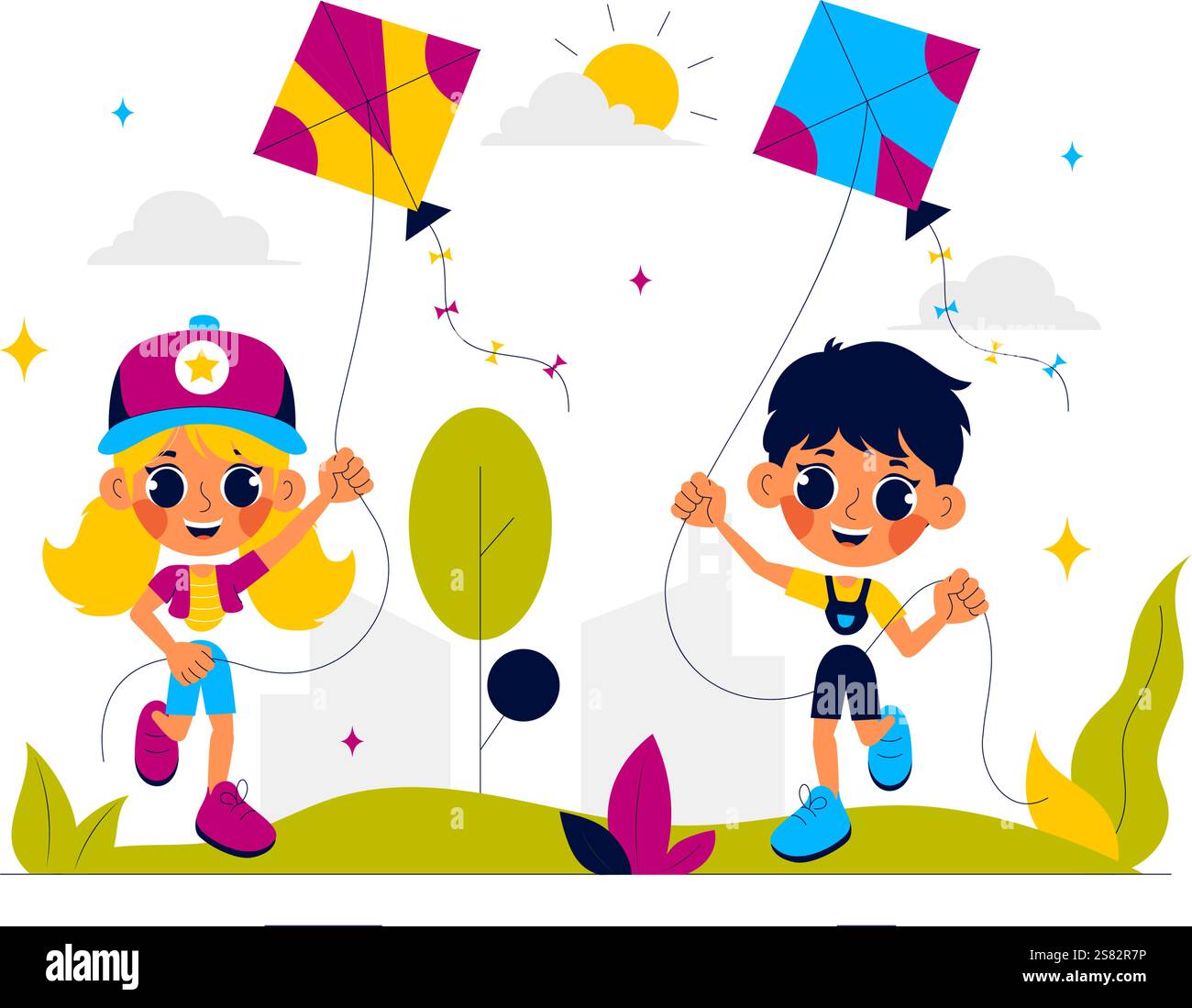 Vector Illustration of People Playing with Kites Outdoors, Featuring ...