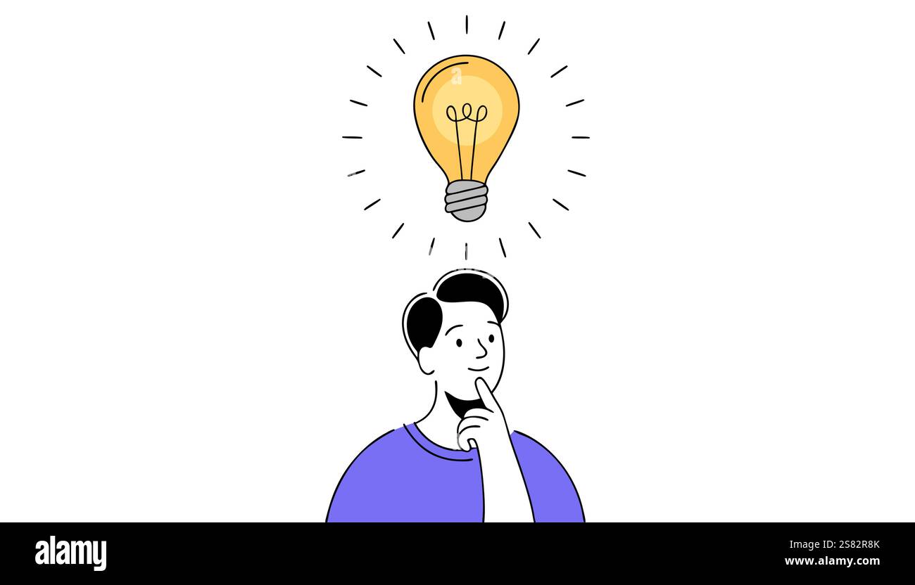 Moment of a bright idea - a man with a light bulb above his head. Doodle line style Stock Vector ...