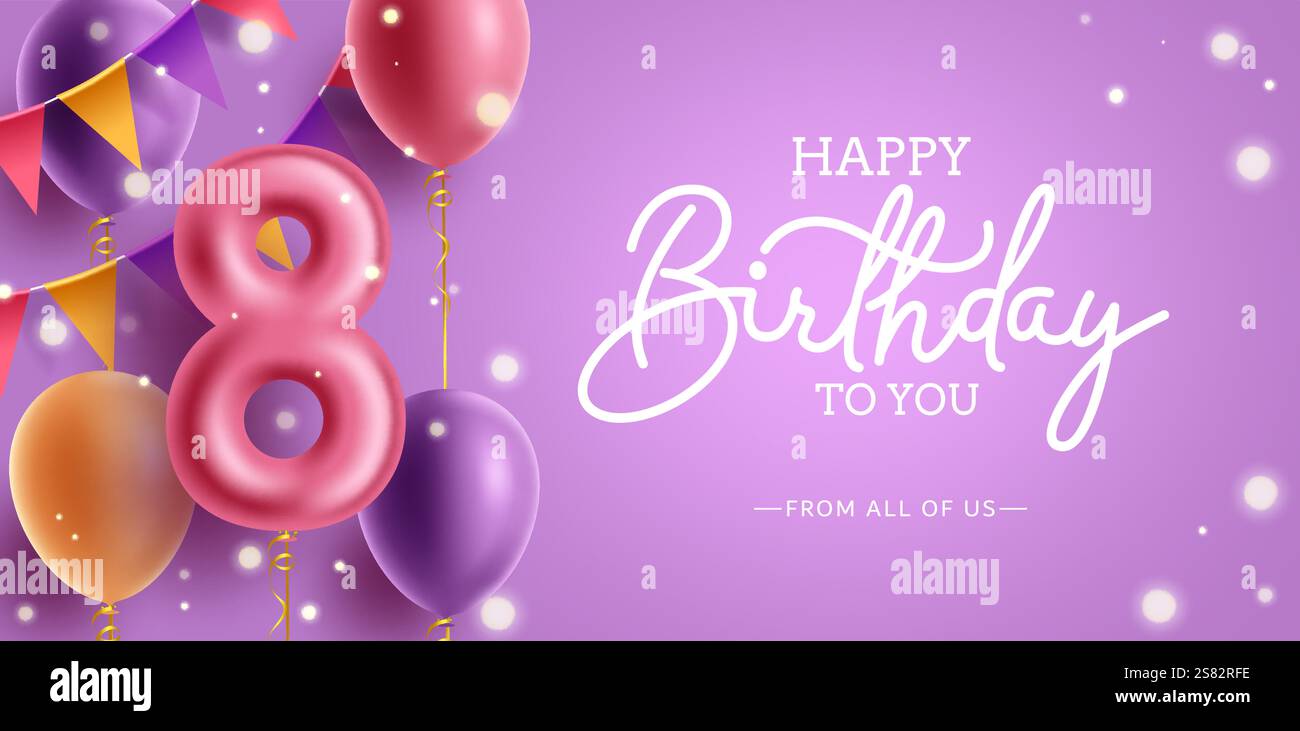Birthday vector background design. Happy birthday text in purple space with pastel balloons and ...