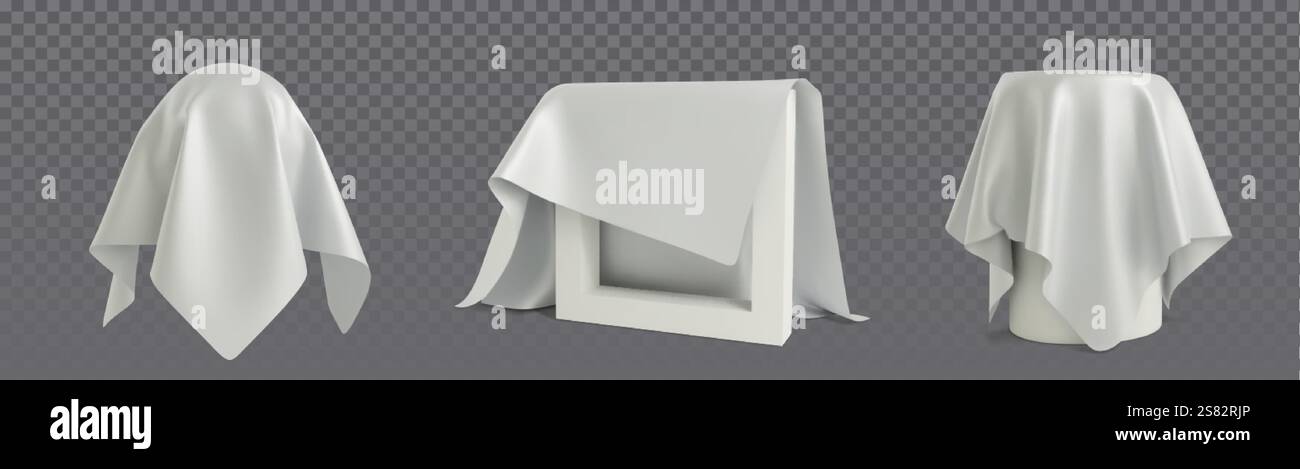 3d covered objects under white cloth drapery - reveal mockup with ...
