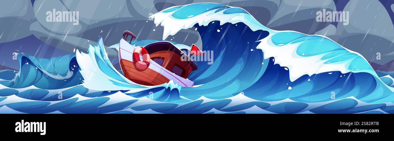 Cartoon boat in stormy sea - wooden vessel floating on massive blue ...