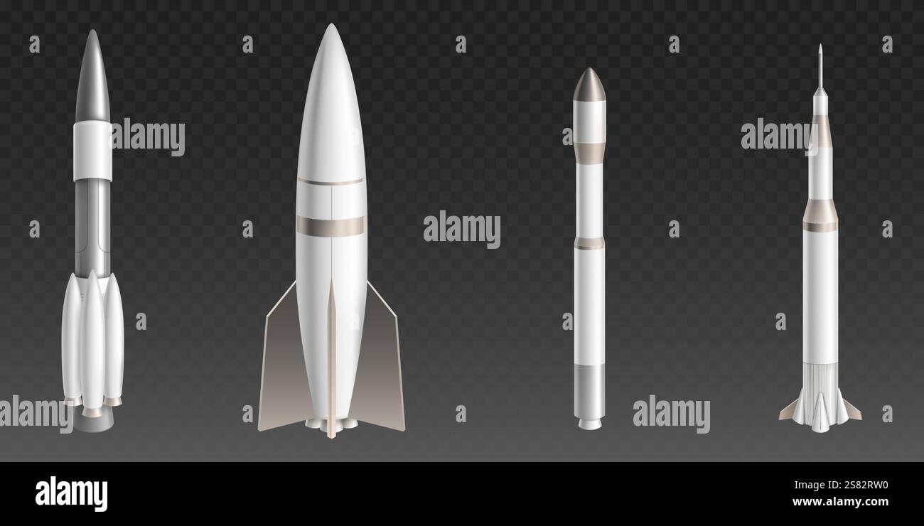 3D space rockets set isolated on transparent background. Vector realistic illustration of modern ...