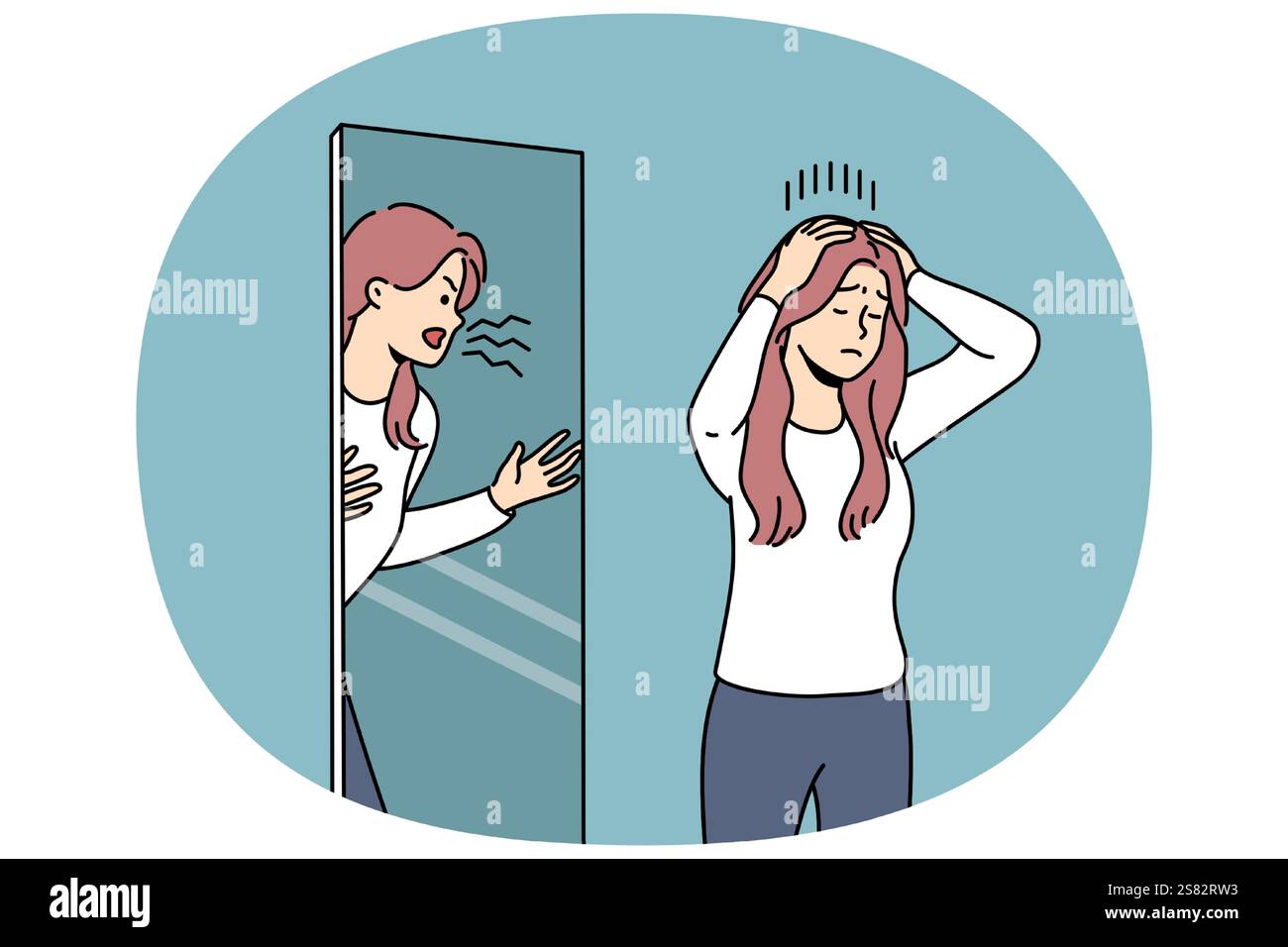 Woman is trying to restrain aggression, standing near mirror with angry ...