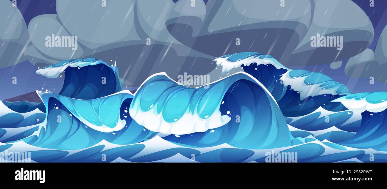 Cartoon storm seascape - turbulent ocean waves with foamy crests beneath dark rainy clouds ...