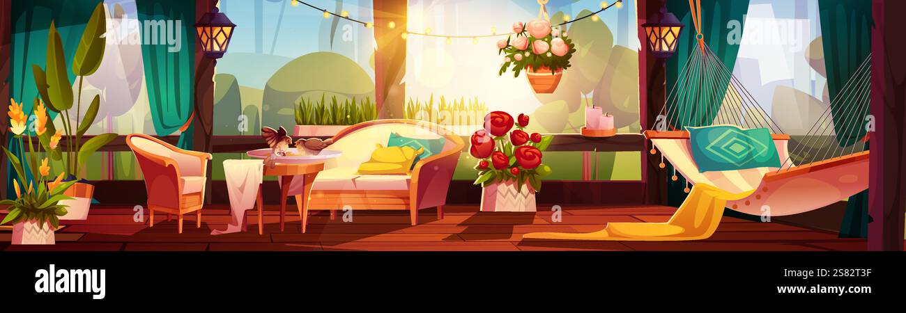 Summer terrace interior with furniture. Vector cartoon illustration of ...