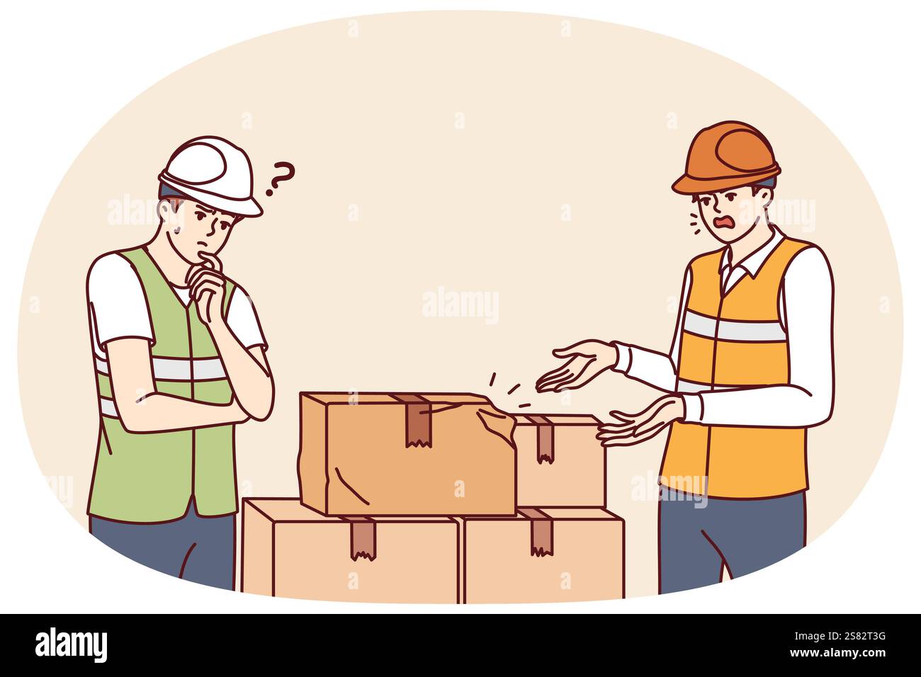 Warehouse workers near cardboard boxes damaged in transit due to ...