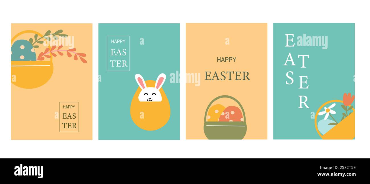 Colorful easter cards featuring baskets, eggs, and bunny designs Stock ...