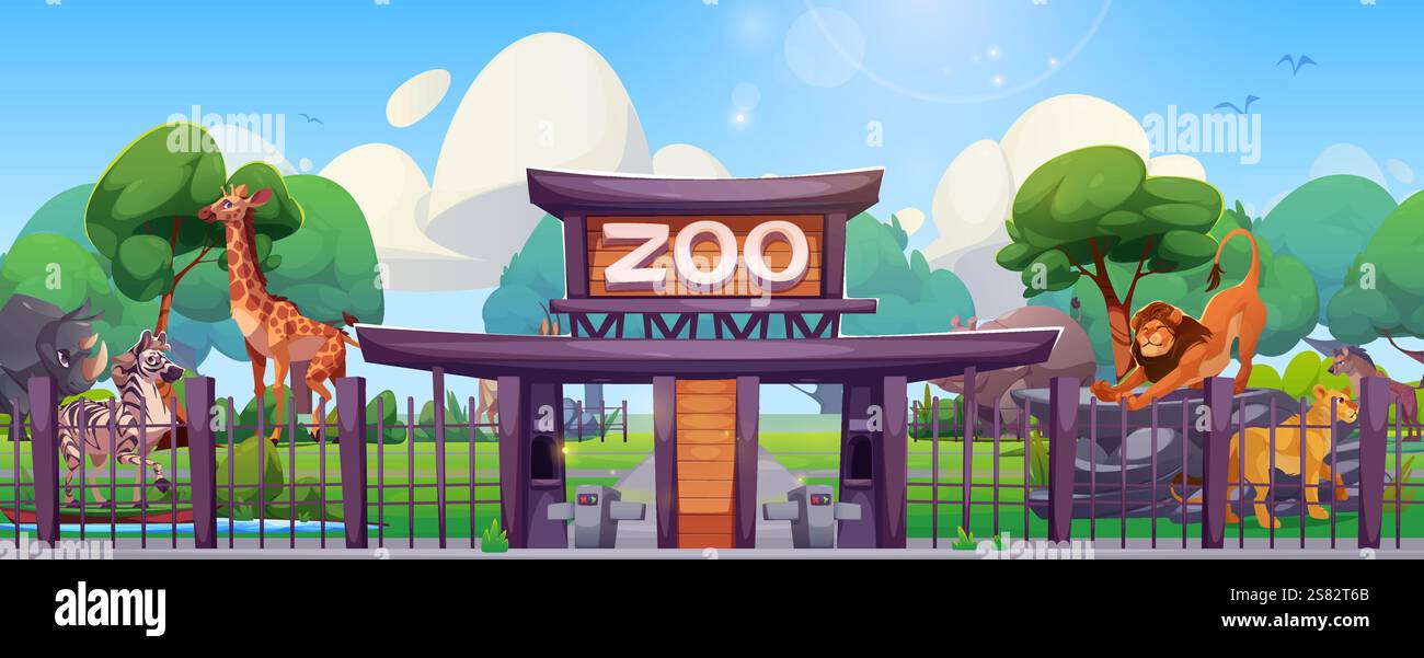 Zoo entrance gates with wooden sign surrounded by exotic animals ...