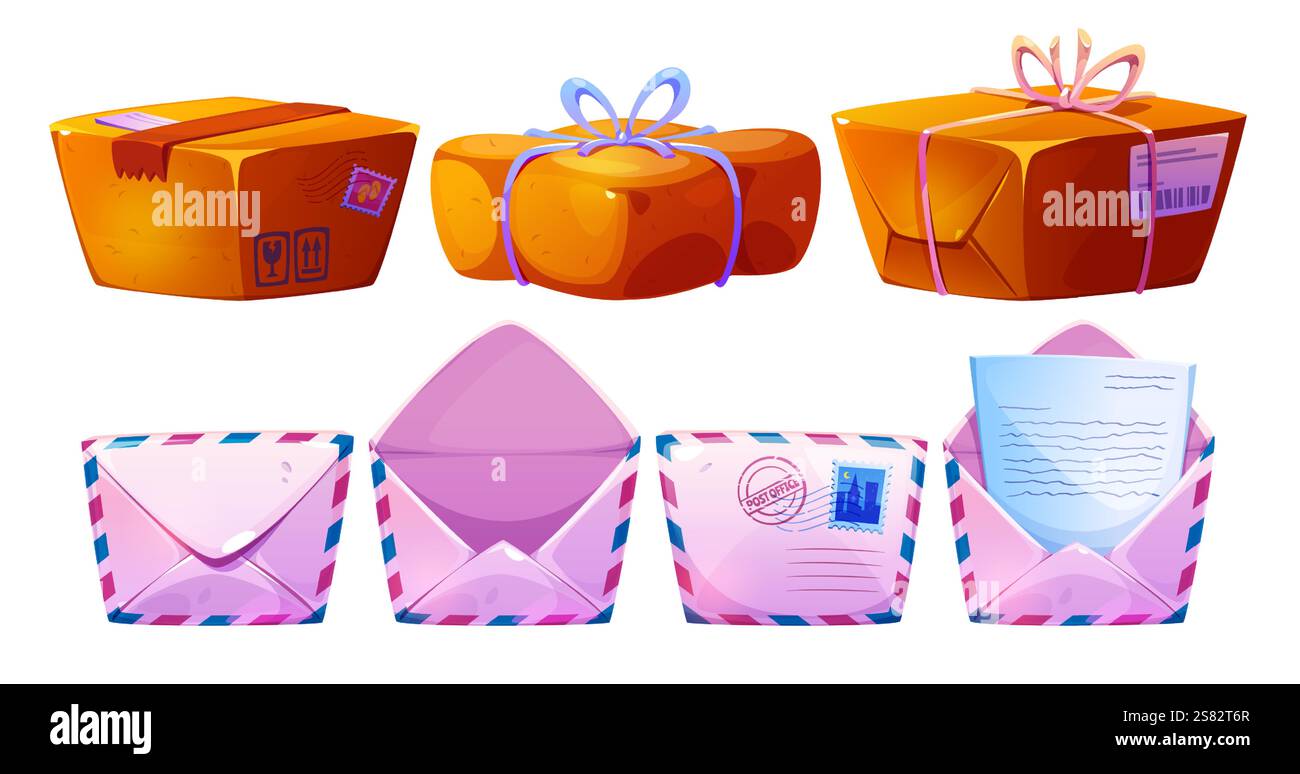 Cartoon postal set with brown parcel boxes tied by rope and tape ...