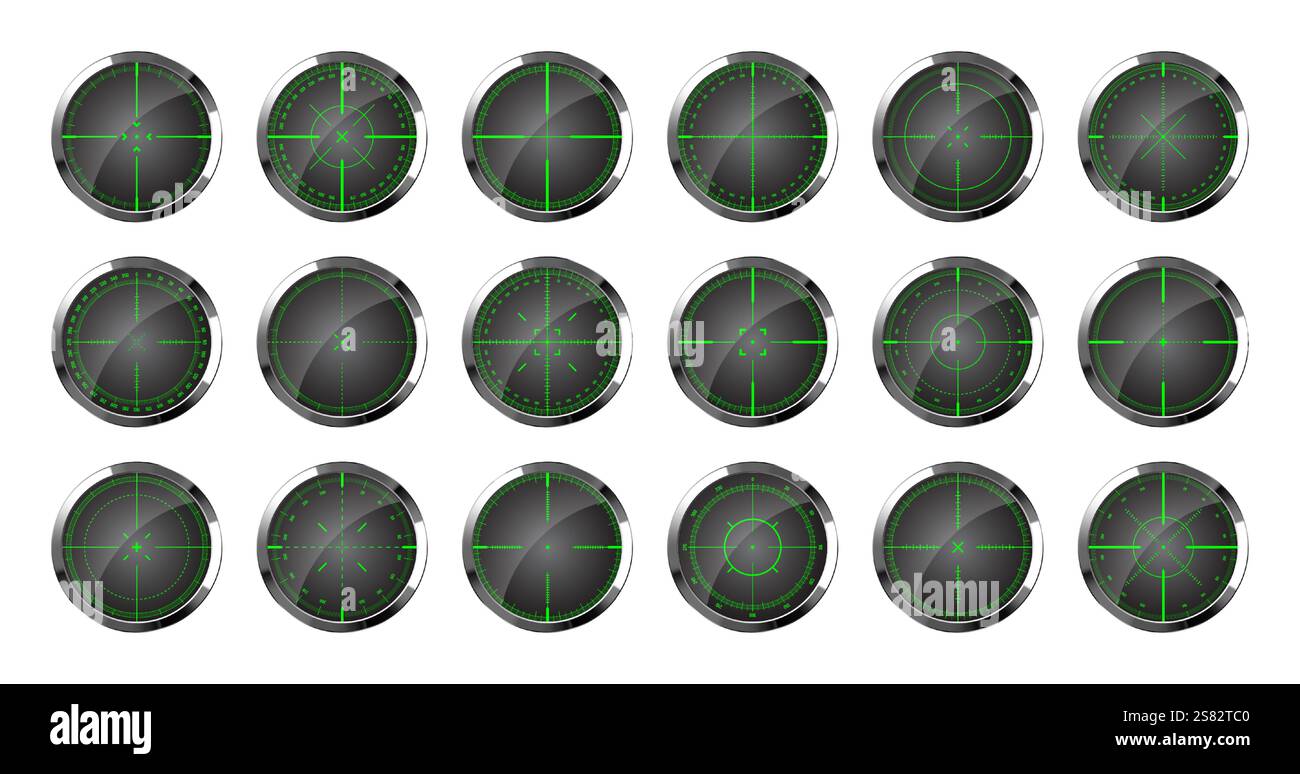 Chrome weapon night sights, sniper rifle optical scopes. Hunting gun ...