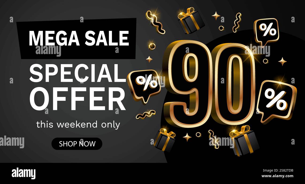 Mega sale, 90 special offer banner. Golden sign board promotion. Vector ...