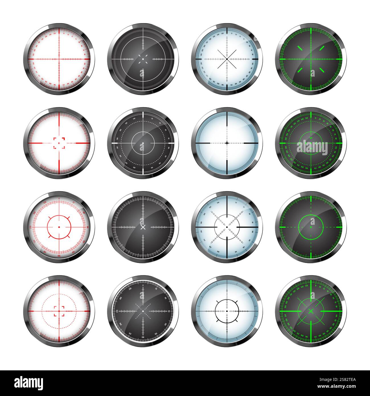 Chrome weapon sights, sniper rifle optical scopes. Hunting gun viewfinder with crosshair. Aim ...