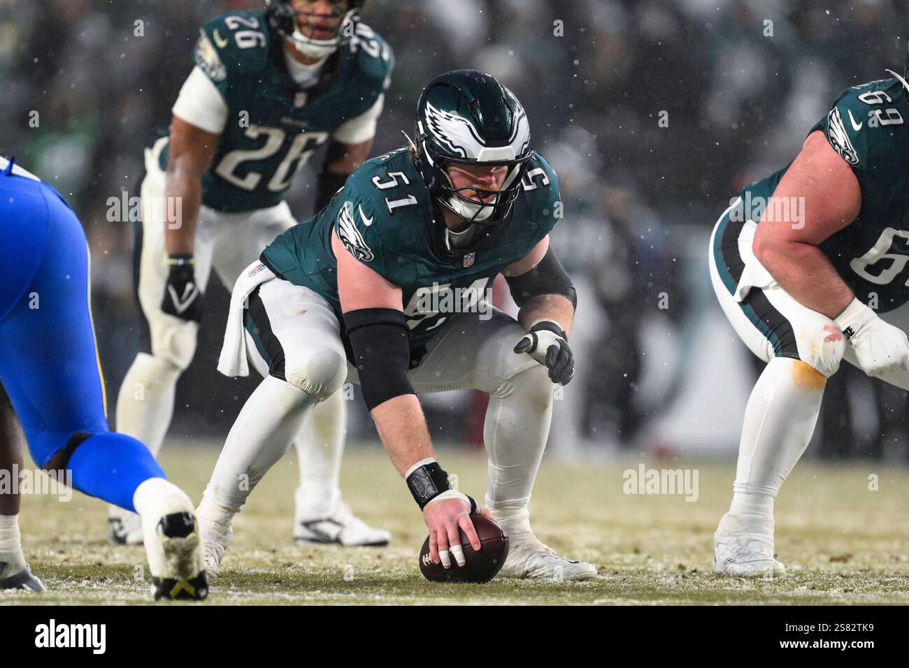 Philadelphia Eagles center Cam Jurgens (51) sets to hike the ball ...