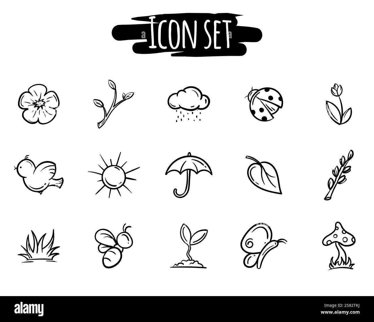 Black and white set of icons related to spring, nature, season, plants ...