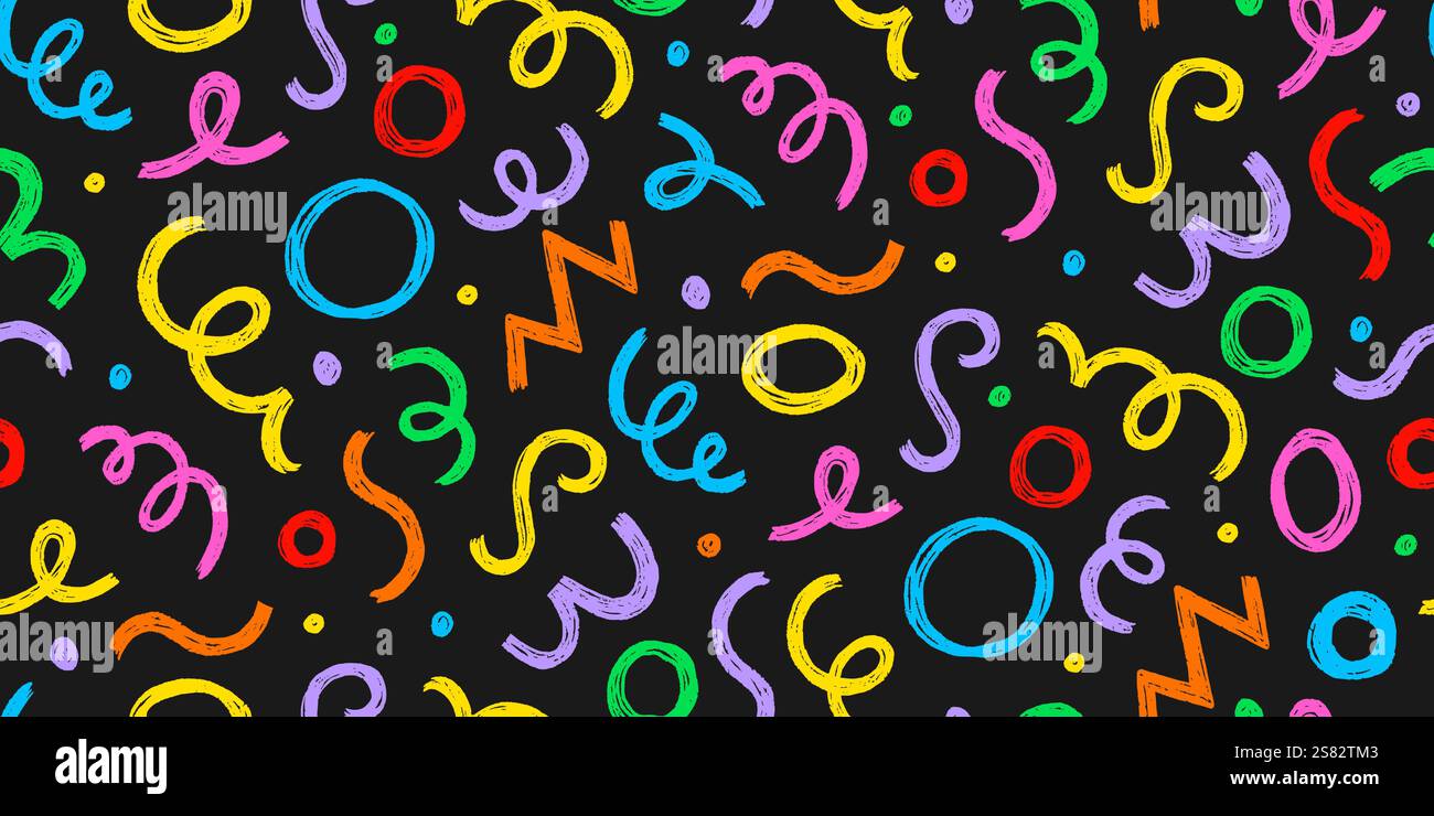 Kid seamless pattern child fun shape squiggle confetti background. Hand ...
