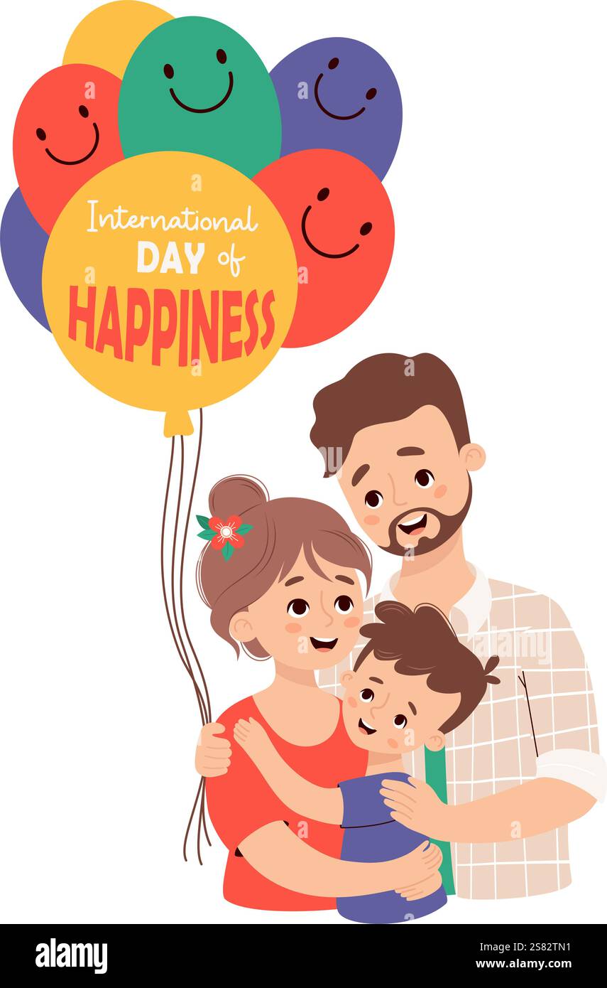 Day of Happiness. Happy family. Joyful woman, man and son with balloons ...