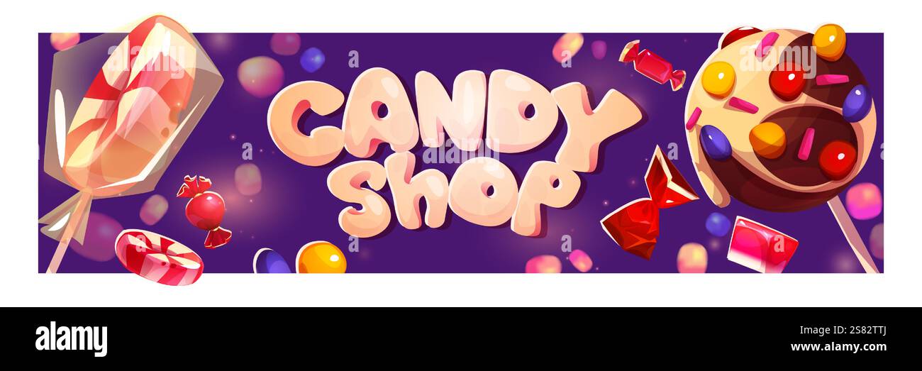 Candy shop banner design with text - decorated chocolate lollipop ...