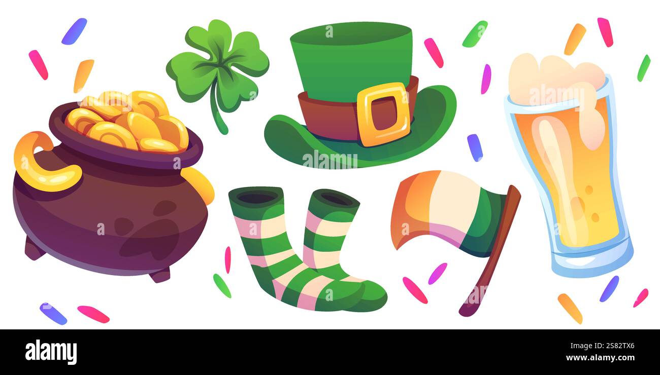 Saint Patrick day celebration set with traditional elements - magical cauldron full gold coins ...