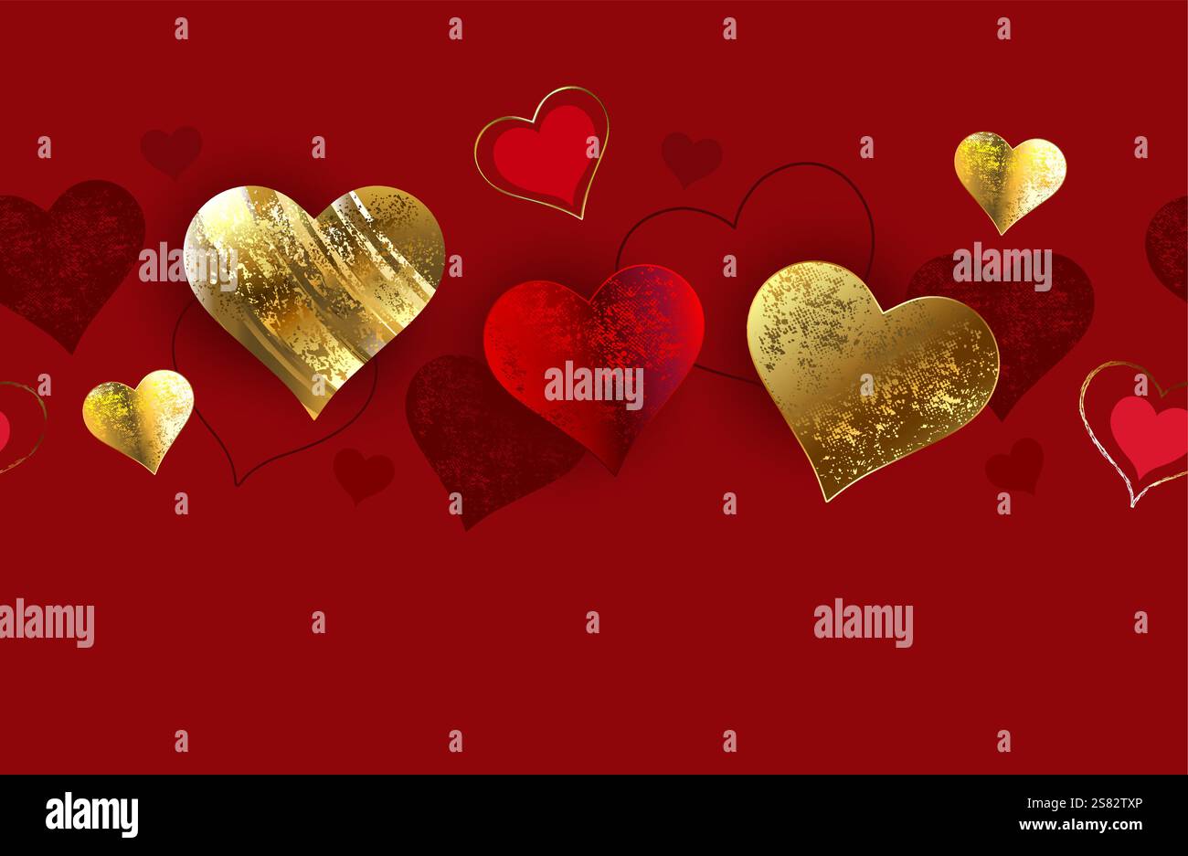 Horizontal border of gold, red, textured brocade and foil valentines on ...