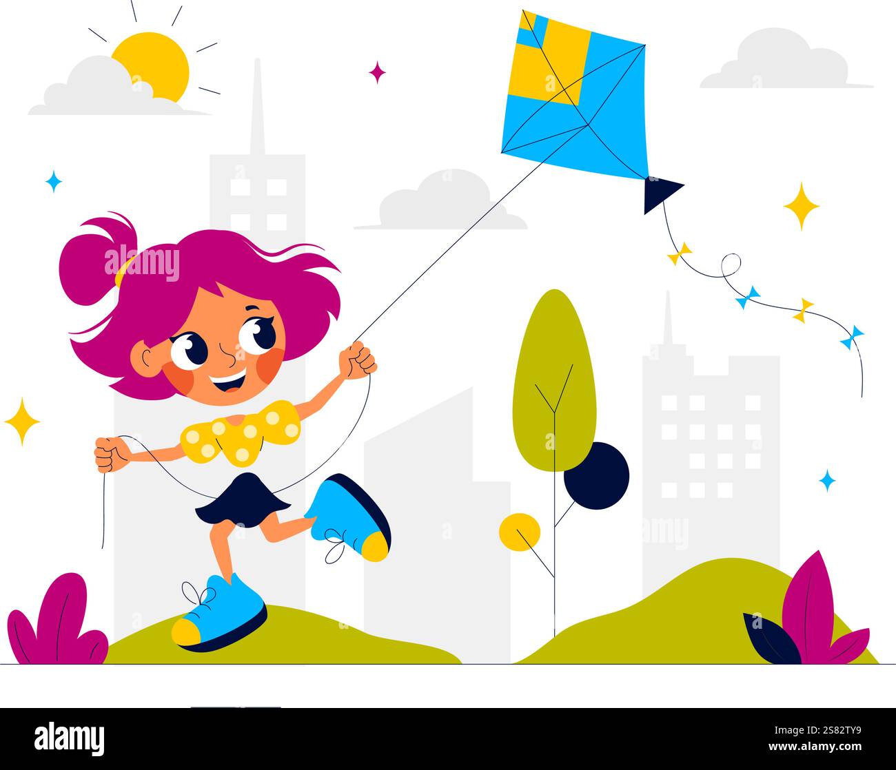 Vector Illustration of People Playing with Kites Outdoors, Featuring ...