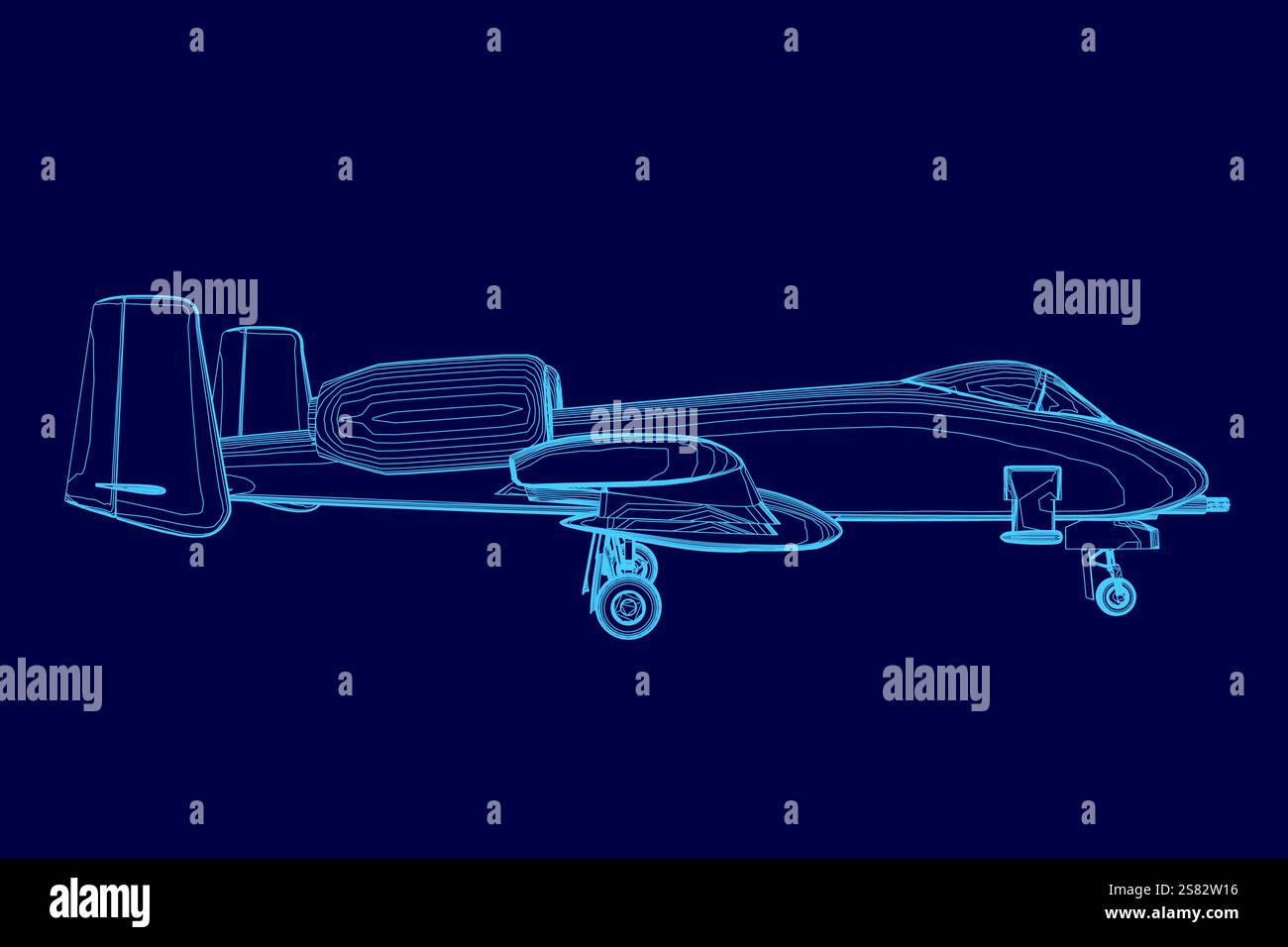 Blue airplane is shown in a blue drawing. The airplane is a fighter jet ...