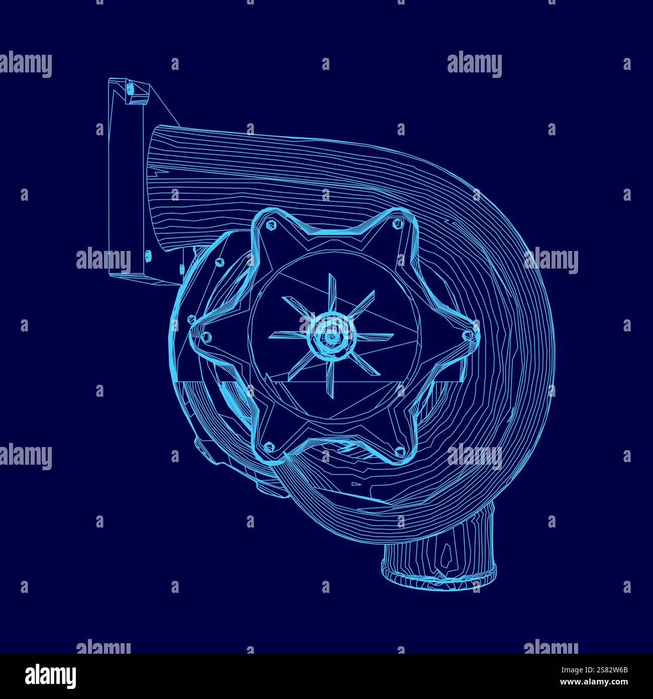 Blue drawing of a turbo with a blue outline. The drawing is of a car ...