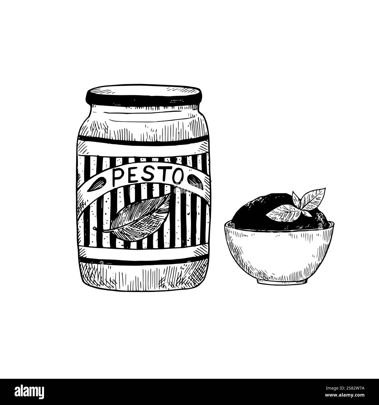 Pesto sauce glass jar in hand-drawn sketch style. Black and white ...