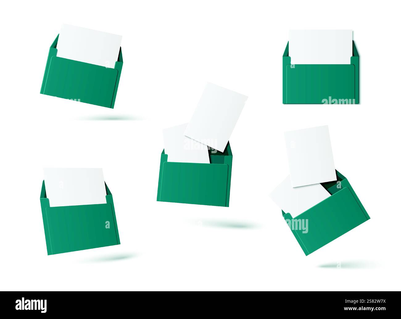 3d letter mockup set with turquoise envelopes and blank paper sheets in ...