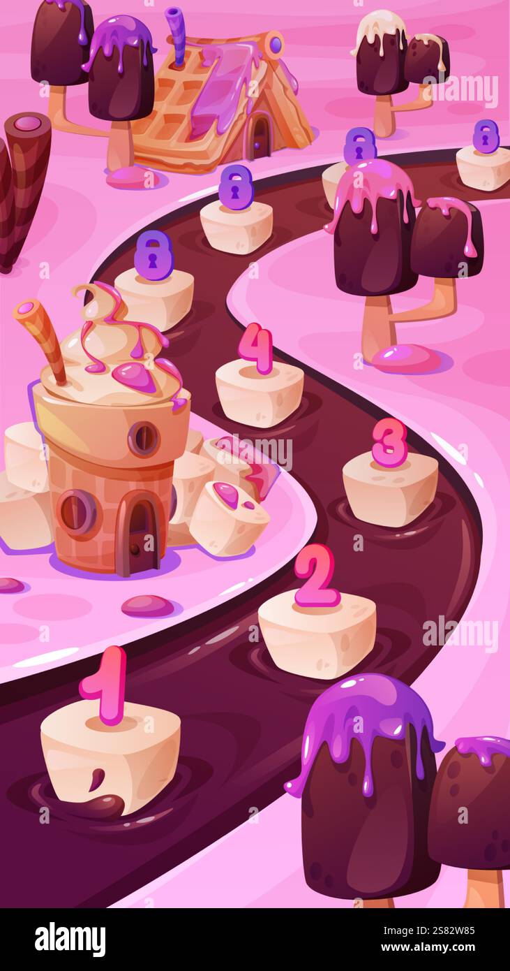 Candy land game level map. Winding chocolate river path with numbered ...