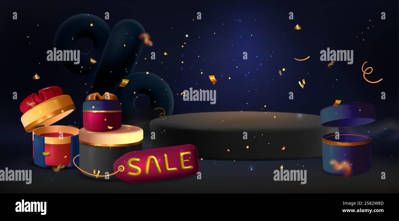 Black podium and gift boxes on sale banner. Vector realistic ...