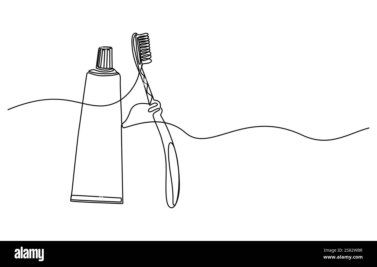 Continuous one line drawing of toothbrush and toothpaste, one line art ...