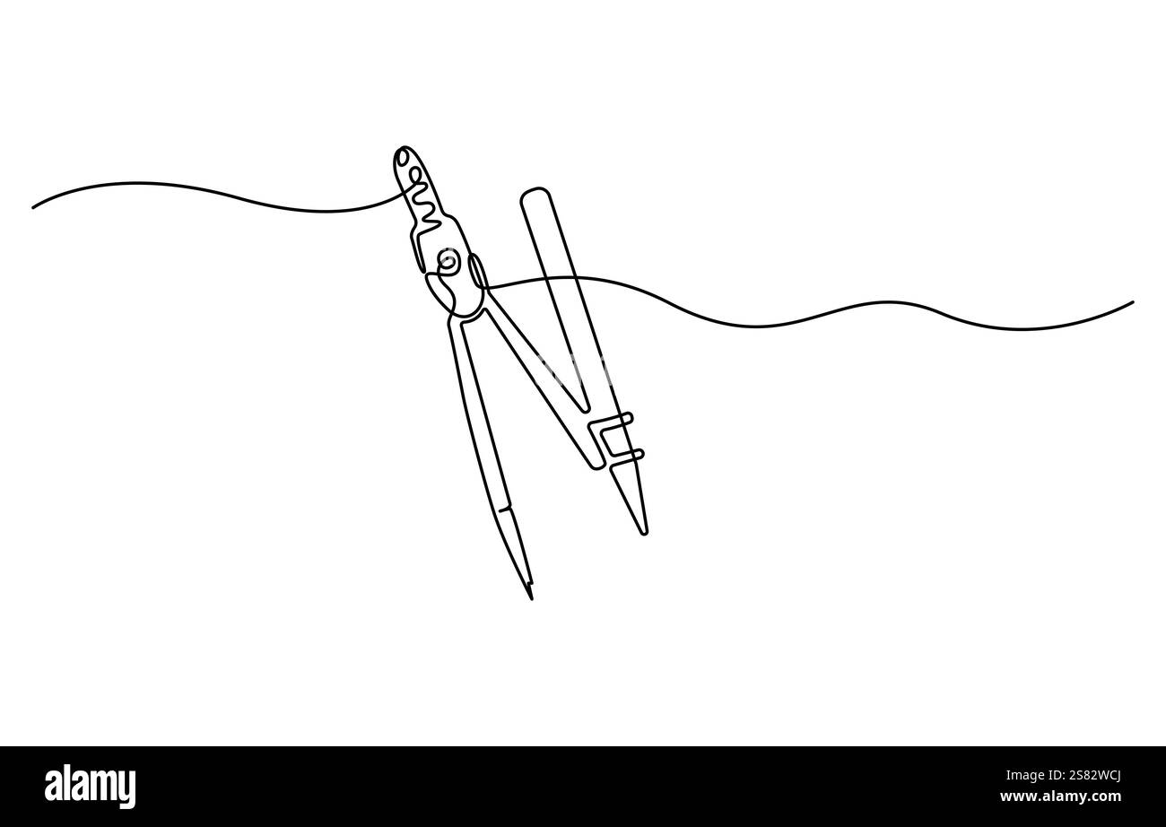 Single continuous line drawing of spring bow compass for drawing circle ...