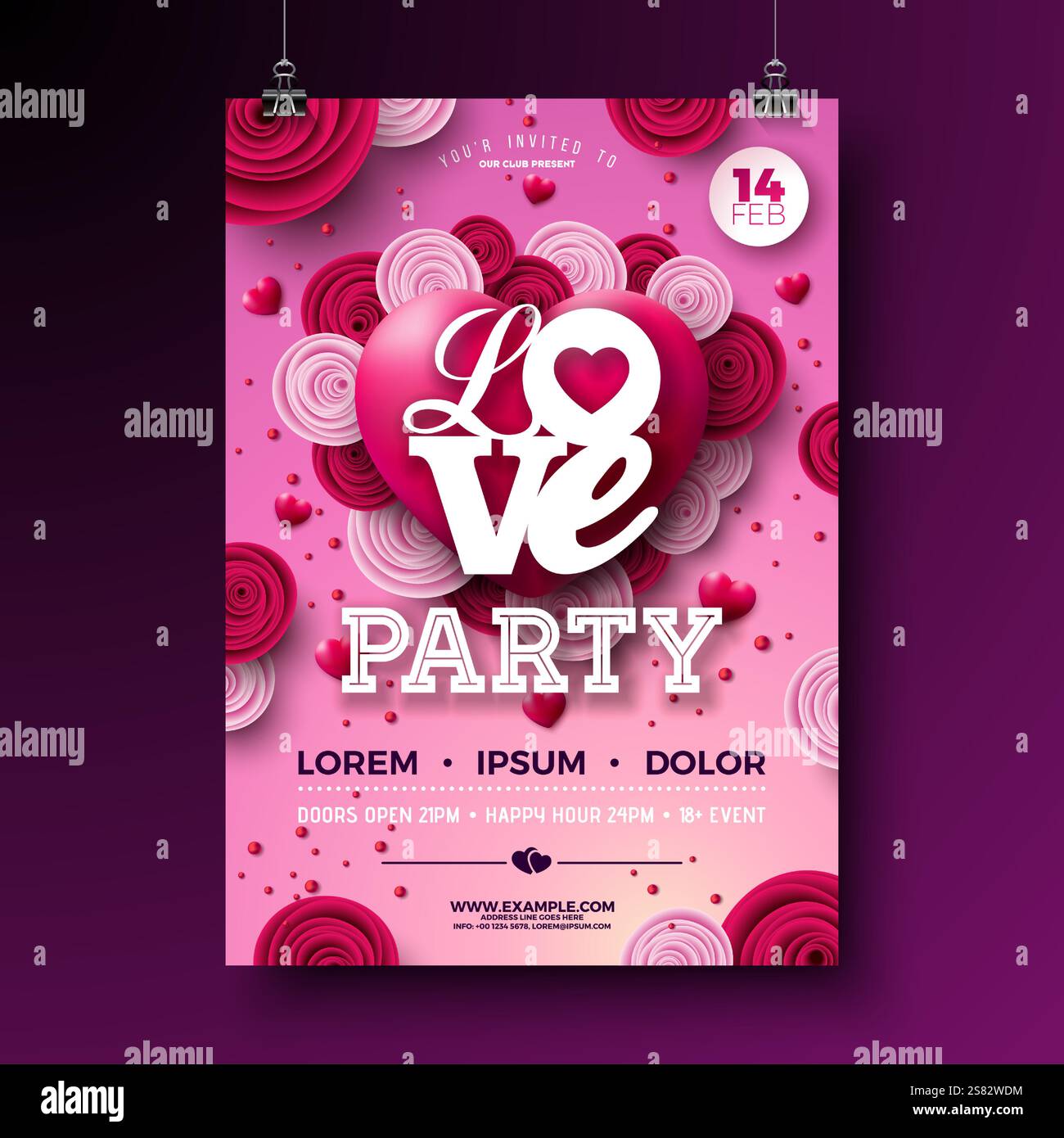 Valentine's Day Party Flyer Design with Rose Flower and Red Heart on ...