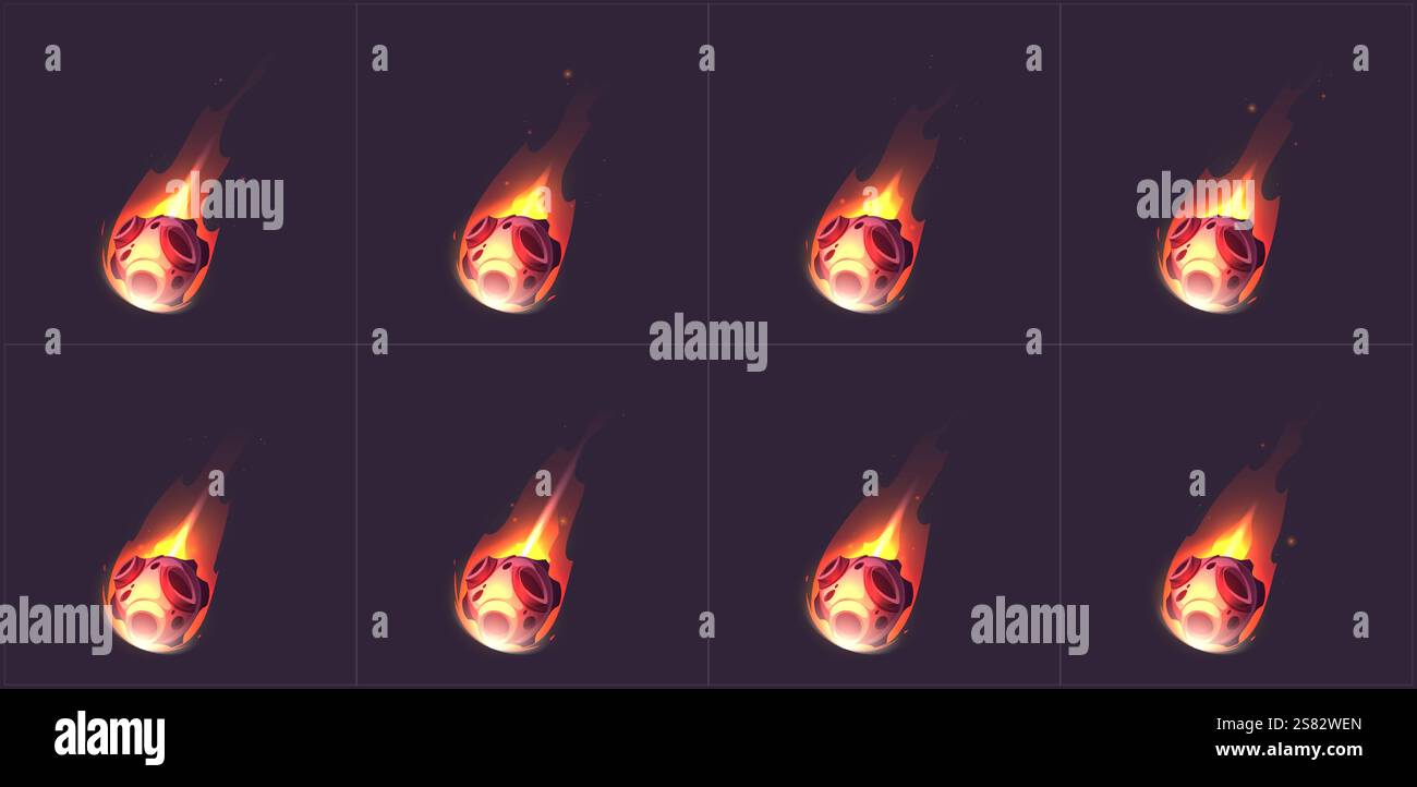 Burning asteroid animation sequence - blazing space rock with orange ...