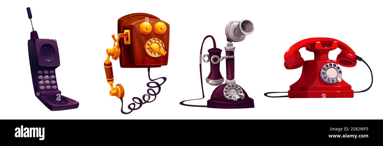 Phones evolution set isolated on white background. Vector cartoon illustration of vintage ...