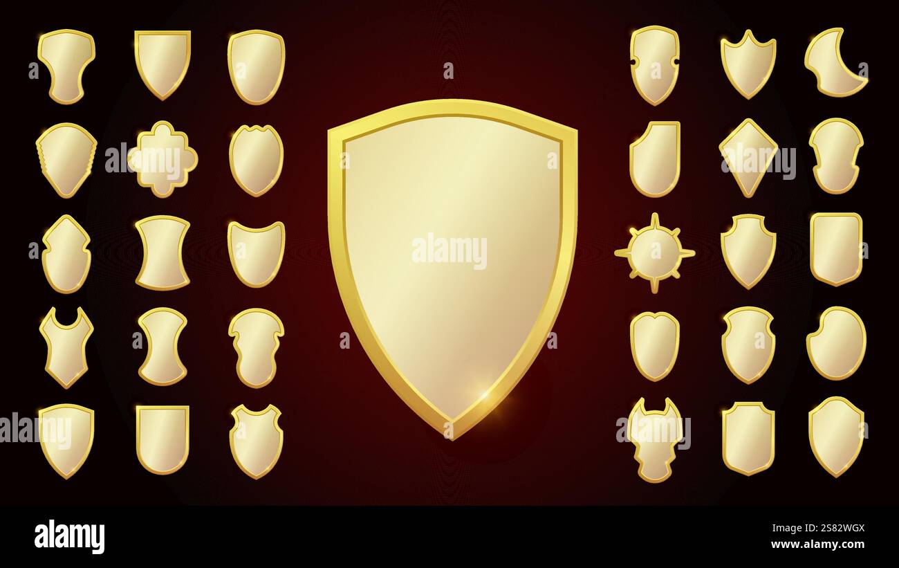 Set of realistic golden heraldic shields. Glass and glossy shield ...