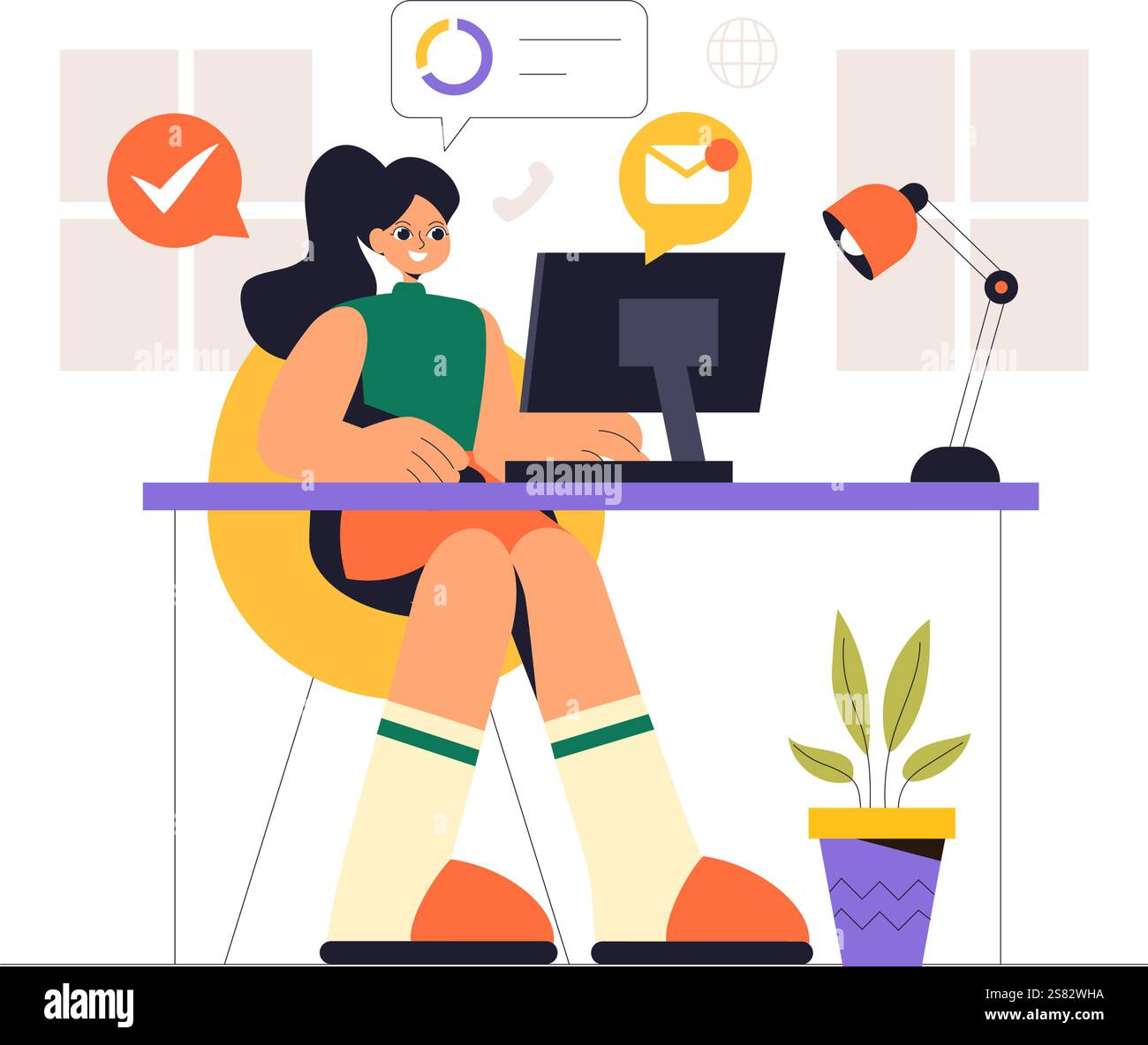 Remote Working Setup Vector Illustration of a Balanced Work Life Environment with Flextime ...