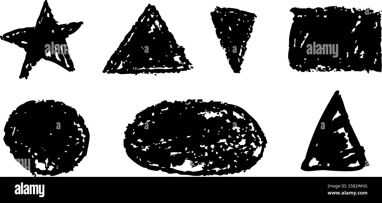 Set of charcoal drawing geometric shapes. Handwritten by black color ...