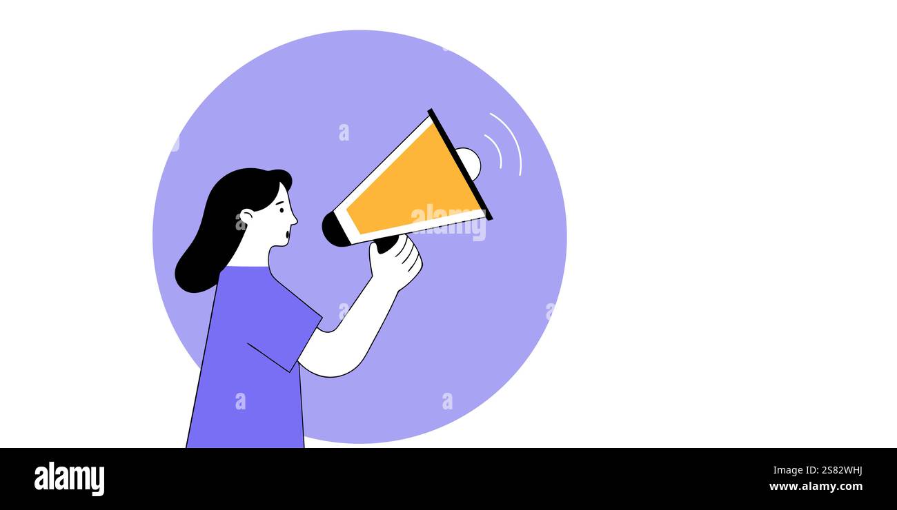 Woman speaking in megaphone, standing with loudspeaker, signaling an ...