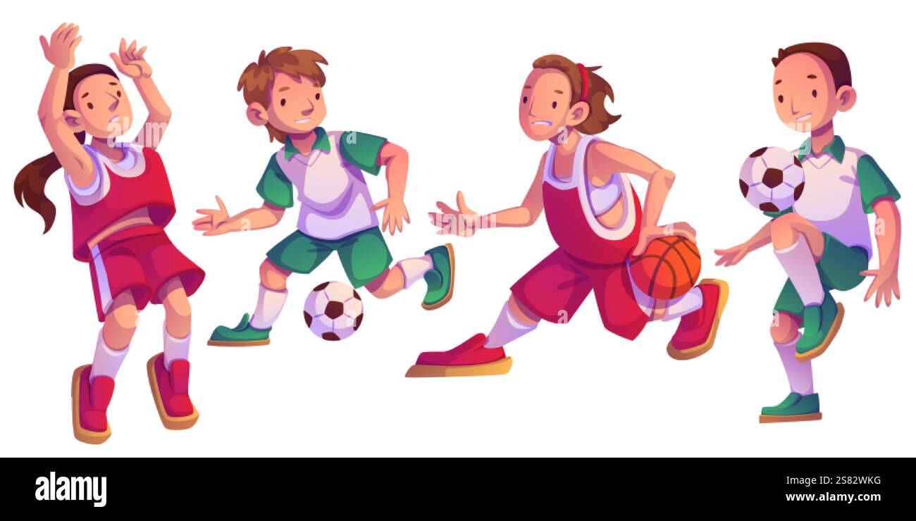 Kids playing soccer and basketball set isolated on white background ...