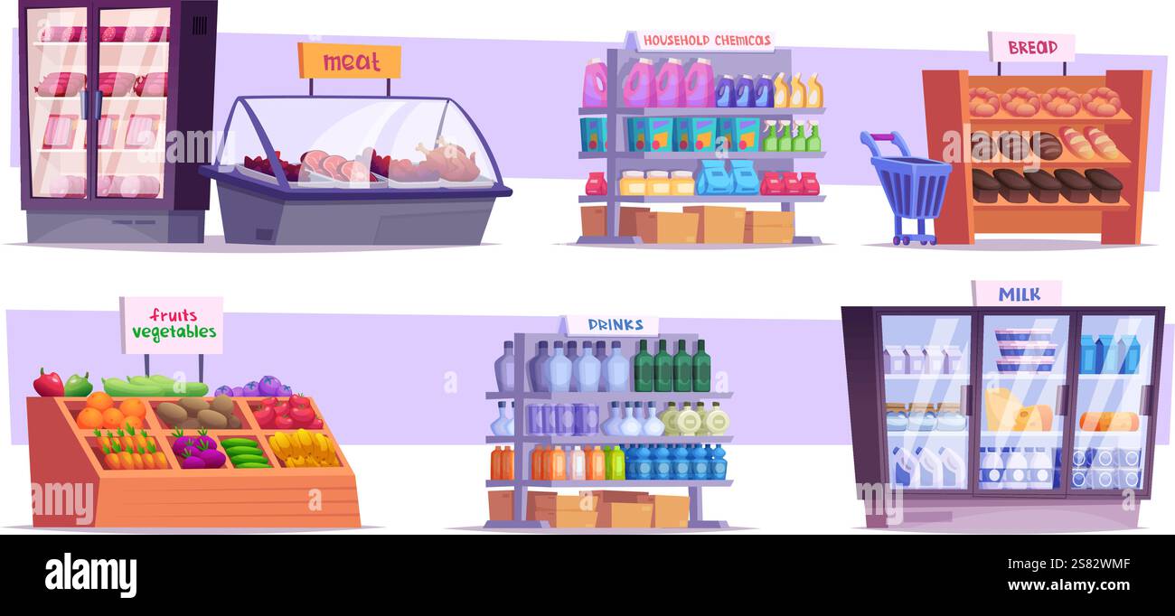 Grocery interior. Big shopping mall with different boutiques for ...