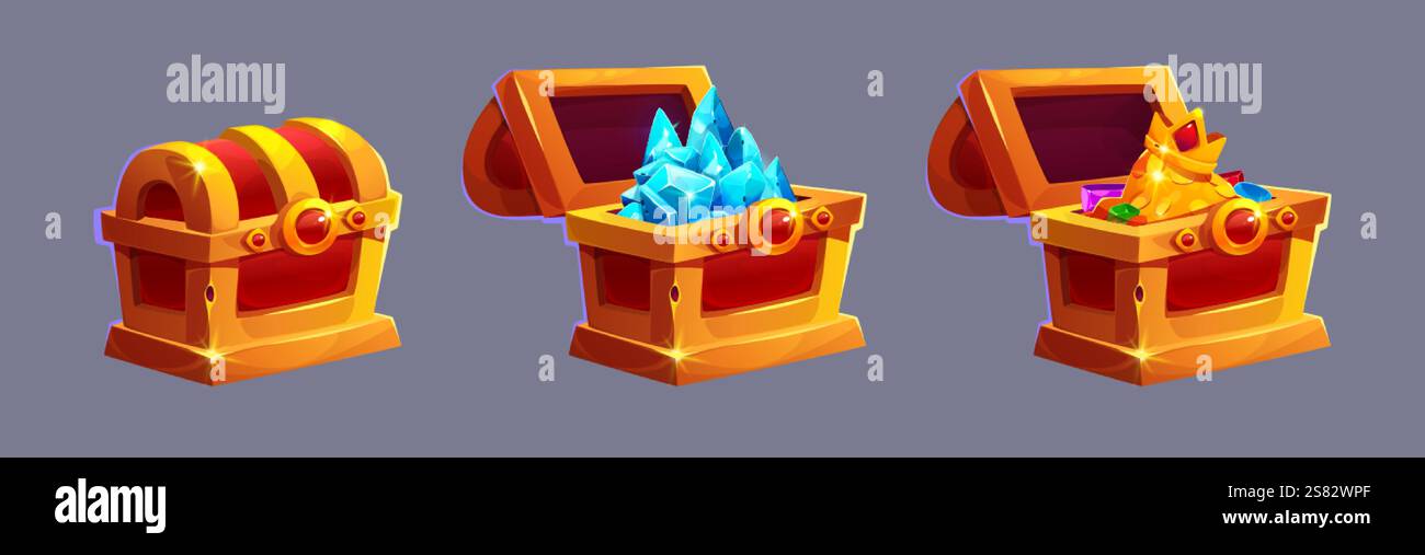 Golden treasure chests - closed and filled with blue crystals and pile ...