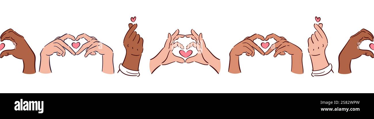 Seamless Horizontal border for Valentines Day hand gestures. Finger ...