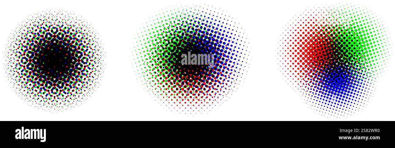 Halftone round background set. RGB color dotted half tone shapes ...