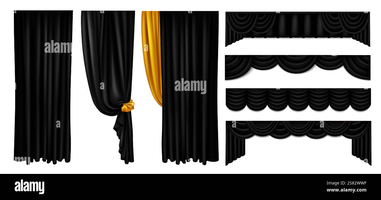 Black drape curtains set isolated on white background. Vector realistic ...