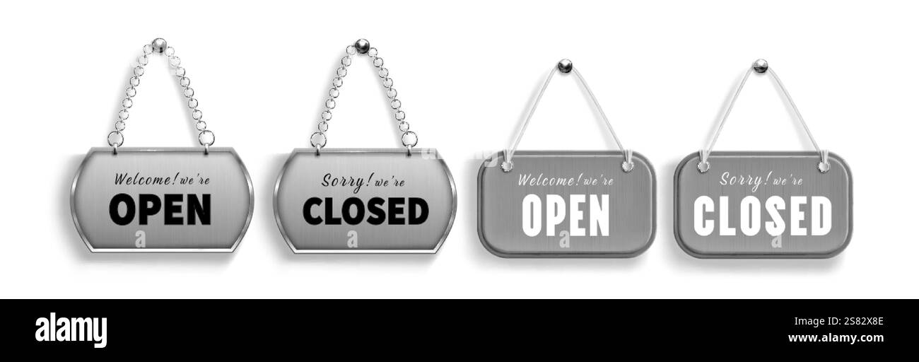 Sign board collection with open and closed messages - metallic plates ...